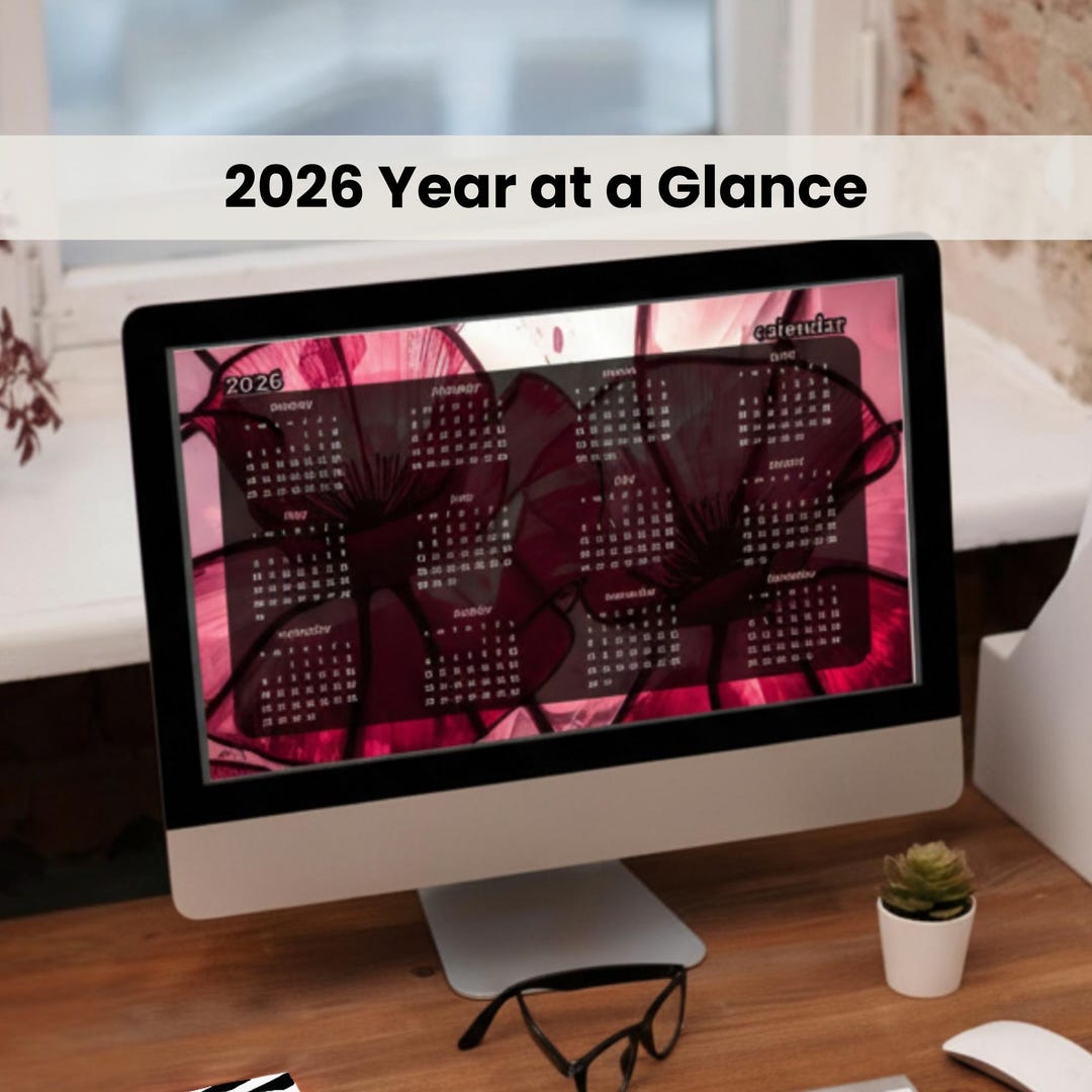 2026 Year at a Glance Stained Glass Poppies Calendar Digital Poppy ...