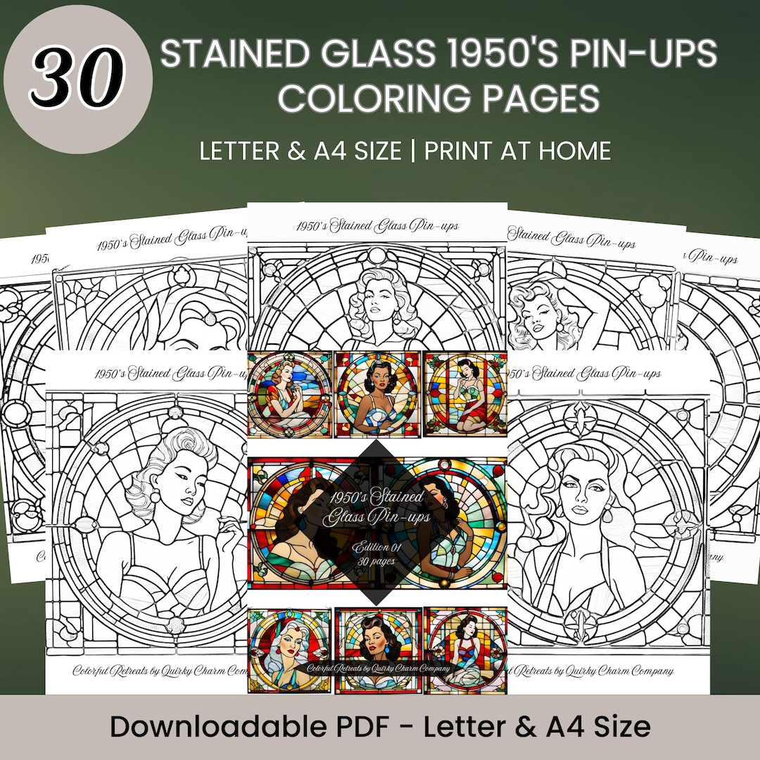 Stained Glass Pin-up Girls Coloring Book for Adults Stained Glass Art ...