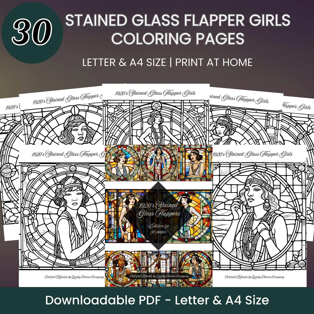 1920s Flapper Stained Glass Coloring Book for Adults Retro Coloring ...