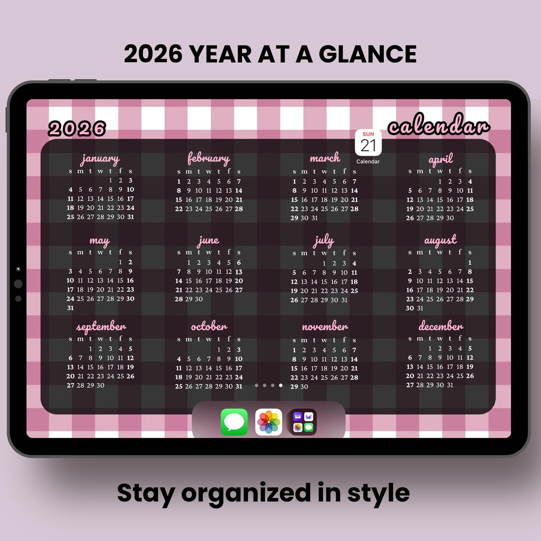 Pink Gingham 2026 Year at a Glance Wallpaper for Laptop Bright Plaid ...