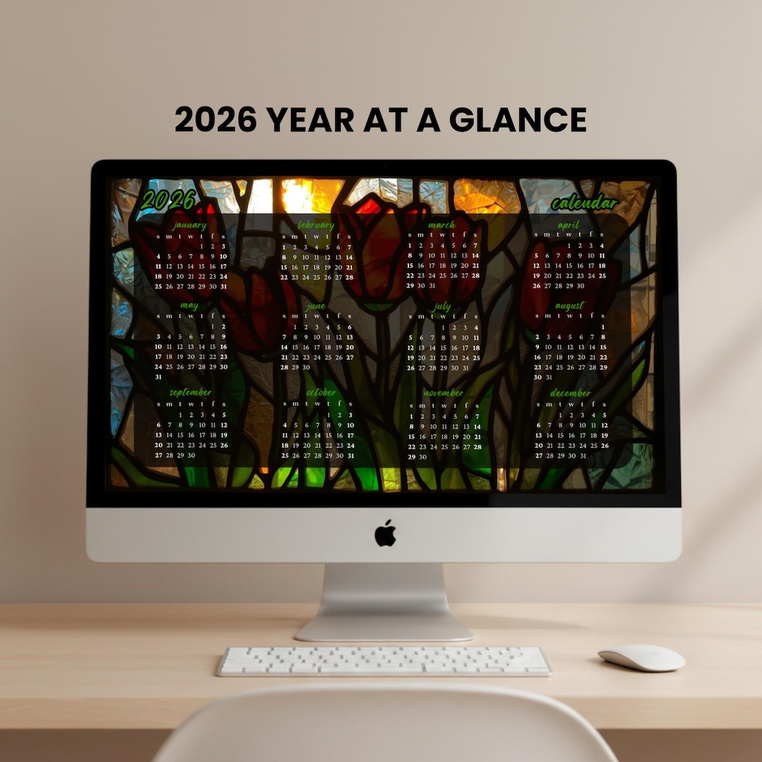 Stained Glass Tulips 2026 Year at a Glance Floral Digital Calendar ...