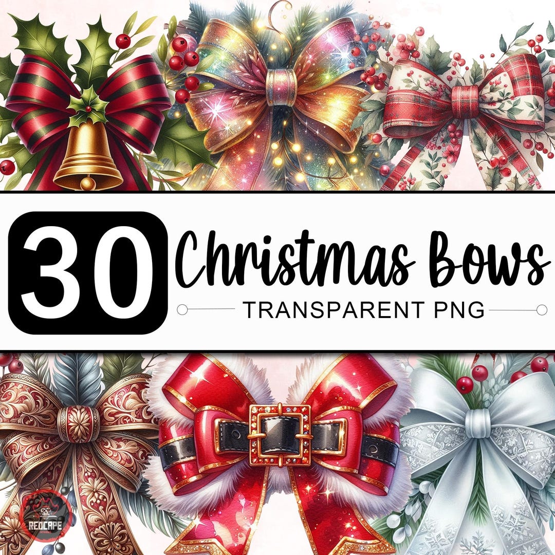 Watercolor Christmas Bows Bundle, 30 PNG Red Christmas Bows Clipart ...