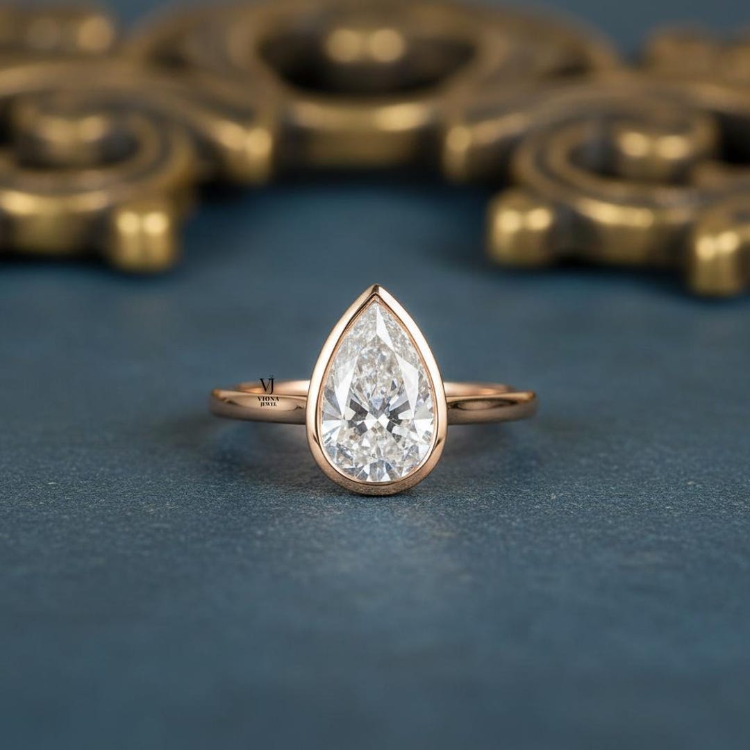 Bezel Set Tear Drop Wedding Ring, 3.00 CT Pear Cut Lab Grown Diamond ...