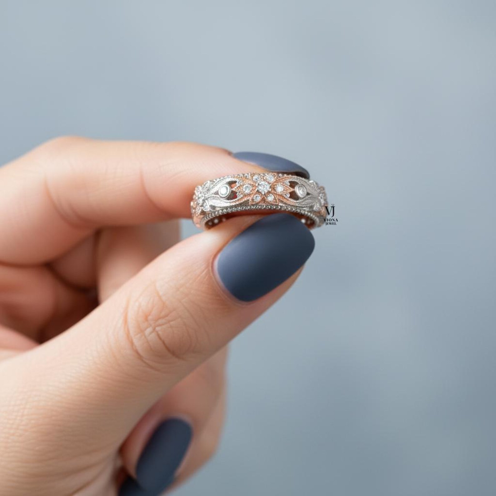 Antique Floral Style Band, Vintage Art Deco Wedding Band, Round Lab ...