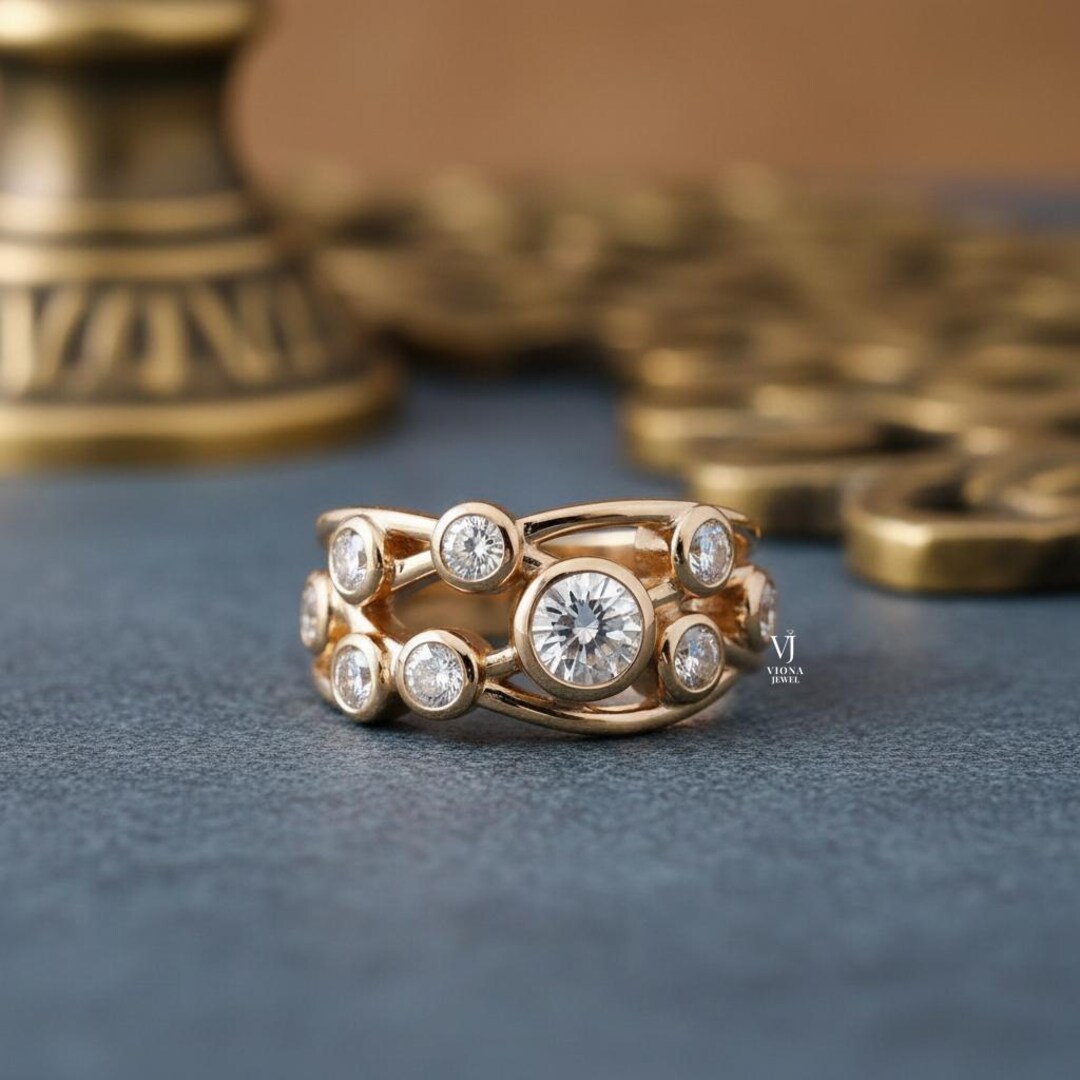 Alternating Bubble Set Band, 14K Solid Gold Bezel Set Band, Round Cut ...
