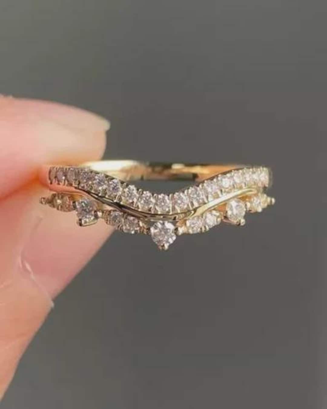 Double Row Curved Stacking Band, Round Cut Lab Grown Diamond Engagement ...