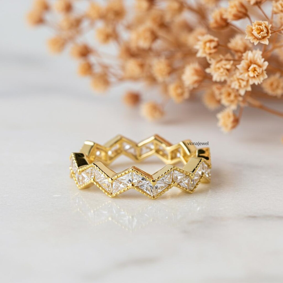 Zig Zag Milgrain Band, Trilliant Lab Grown Diamond Engagement Band ...