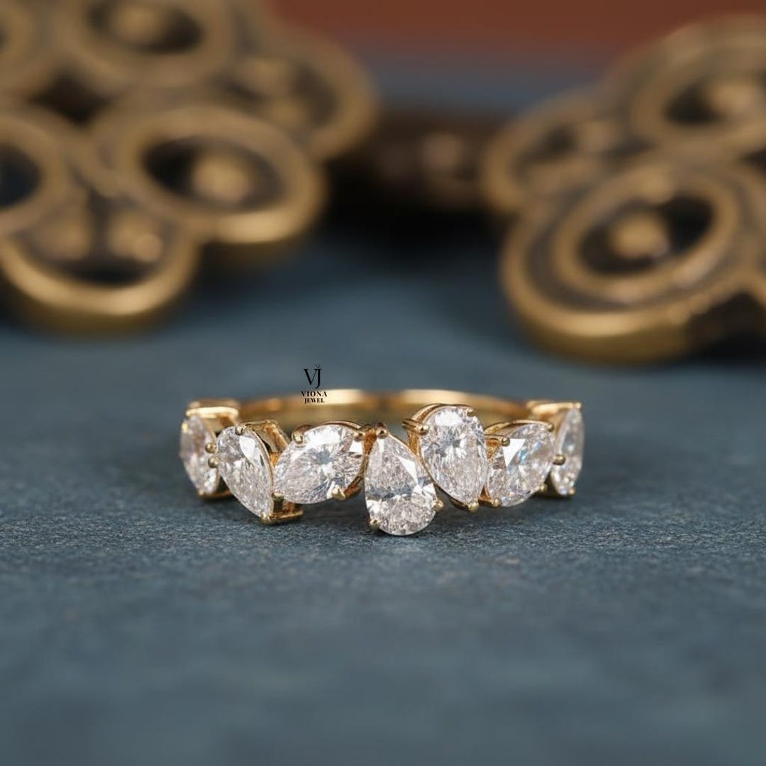 Cluster Diamond Tear Drop Band, Pear Cut Lab Grown Diamond Engagement ...