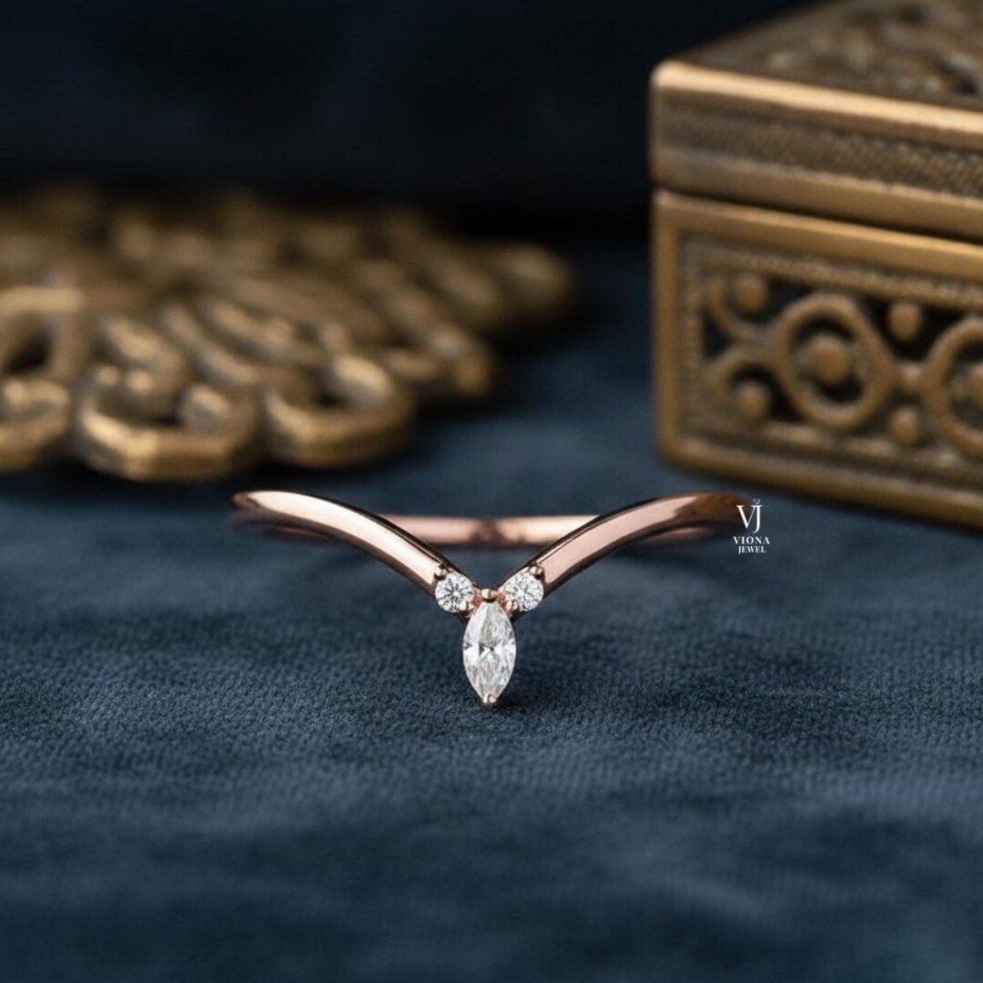 V Shape Trilogy Band, Delicate Wedding Band, Marquise & Round Cut Lab ...