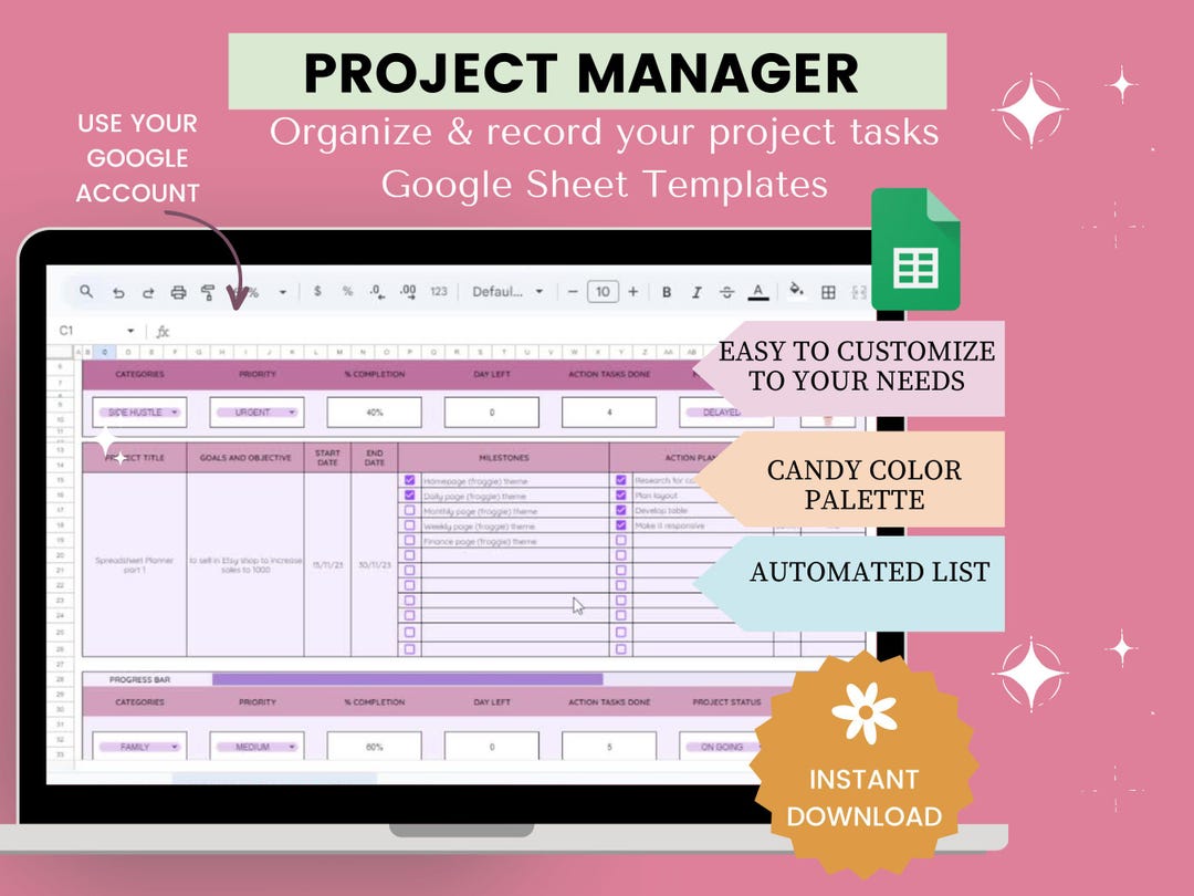 Project Manager Worksheet / Spreadsheet - Etsy