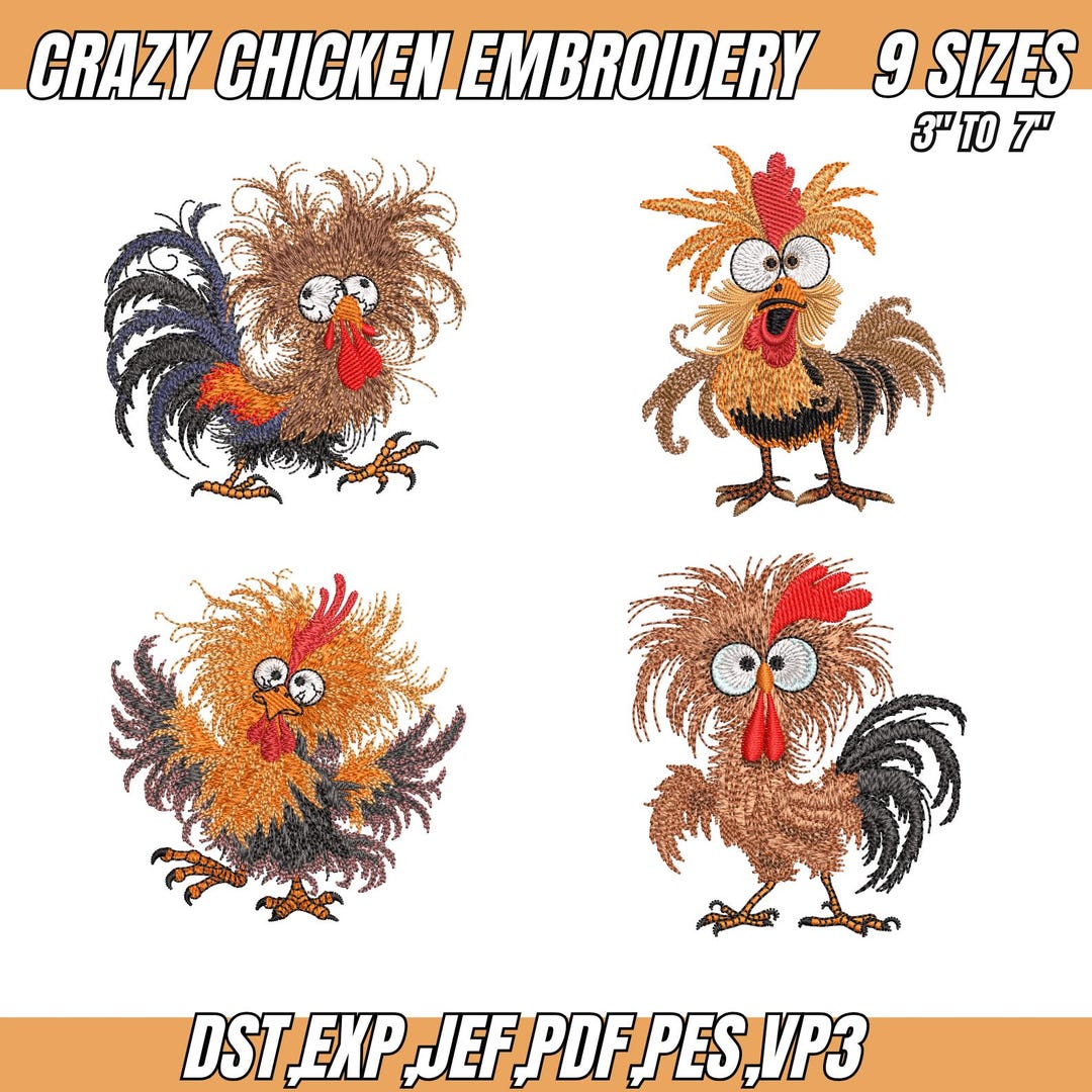 4 Funny Crazy Chicken Embroidery Design, Bundle Cute Chicken Machine ...