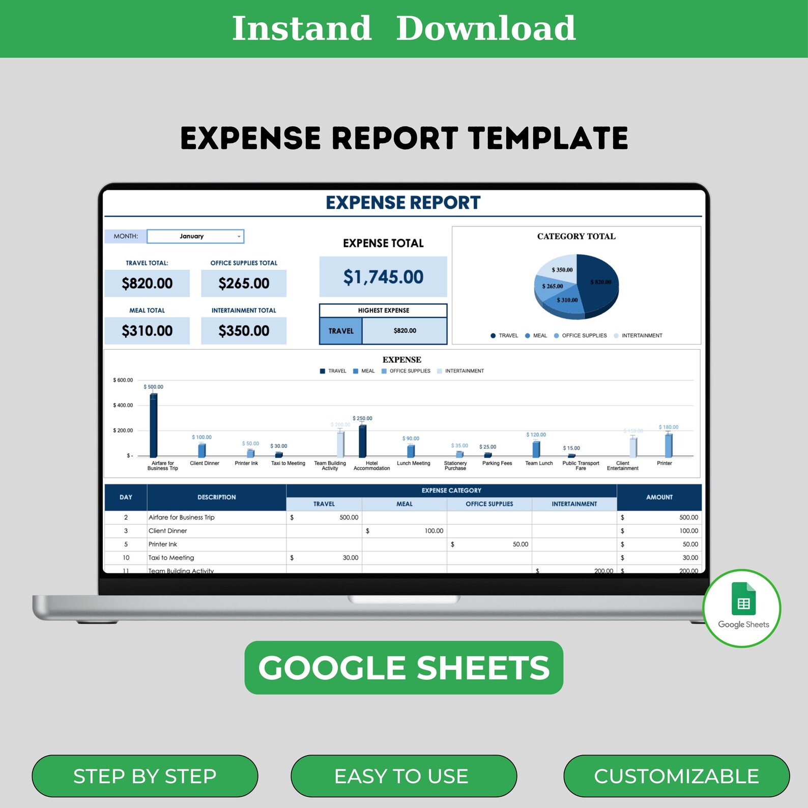 Editable Expense Report Template, Digital Download for Small Business ...
