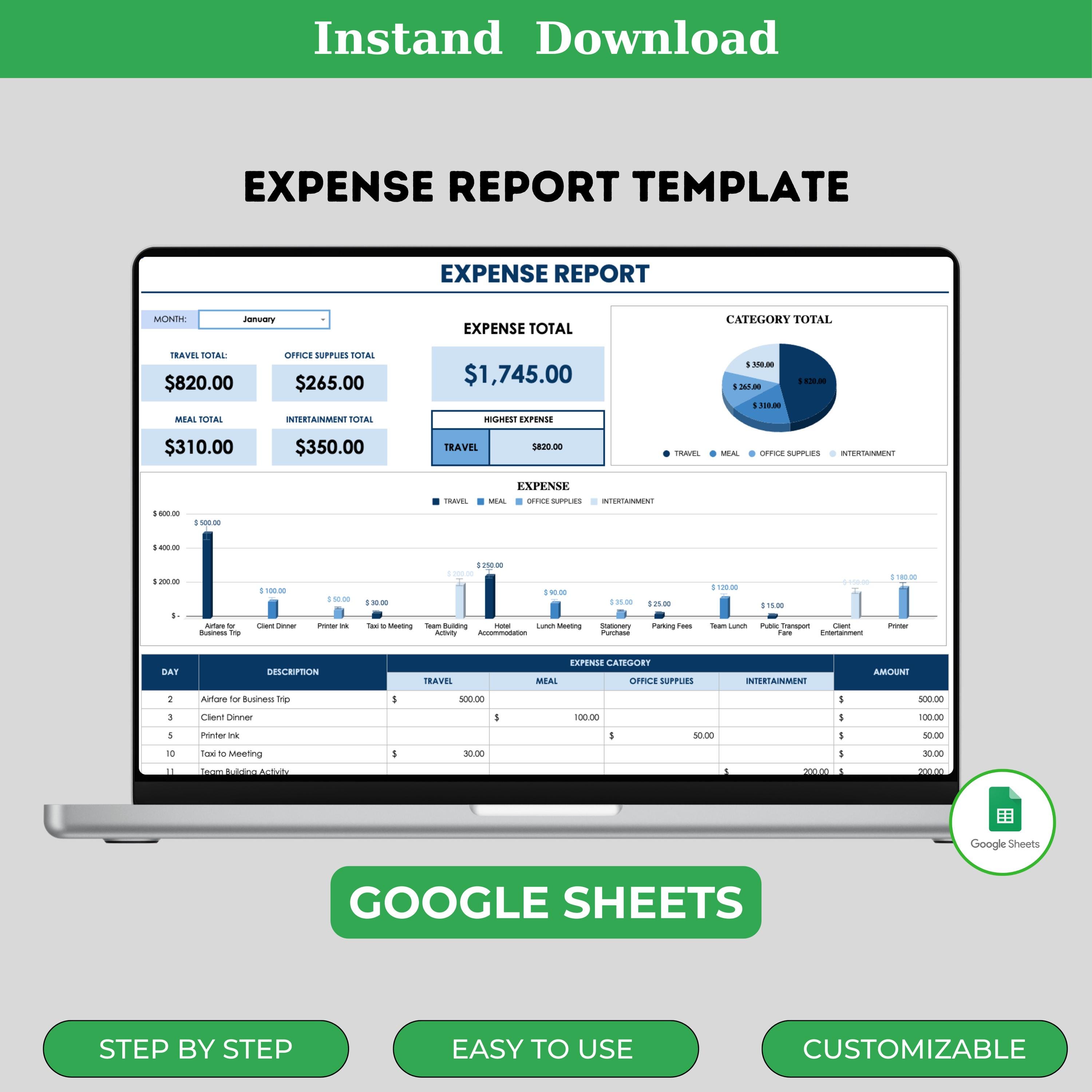 Editable Expense Report Template, Digital Download for Small Business ...