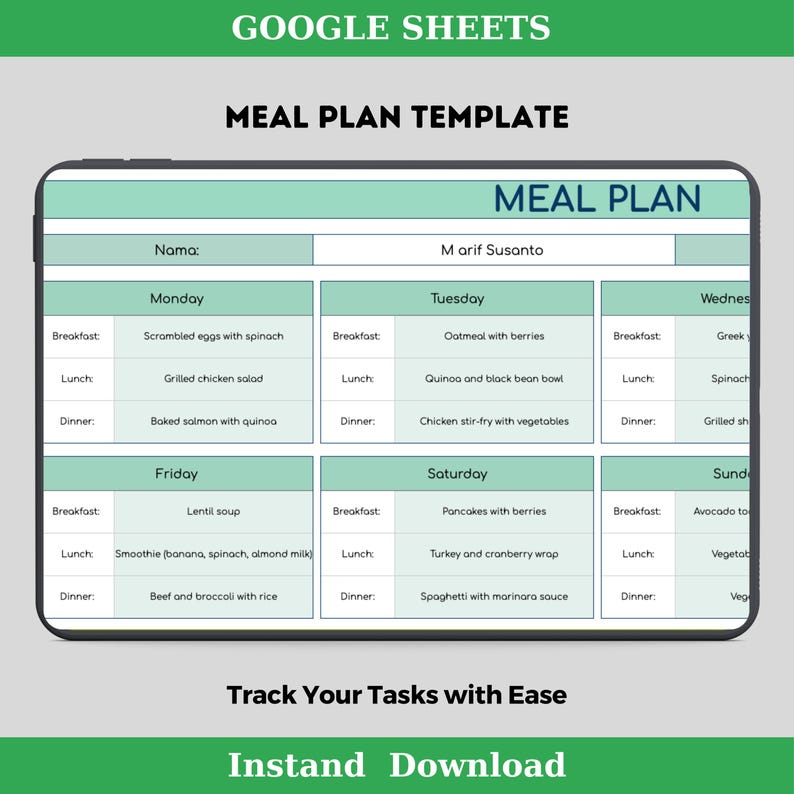 Editable Meal Plan Template, Digital Download for Weekly Meal Planning ...