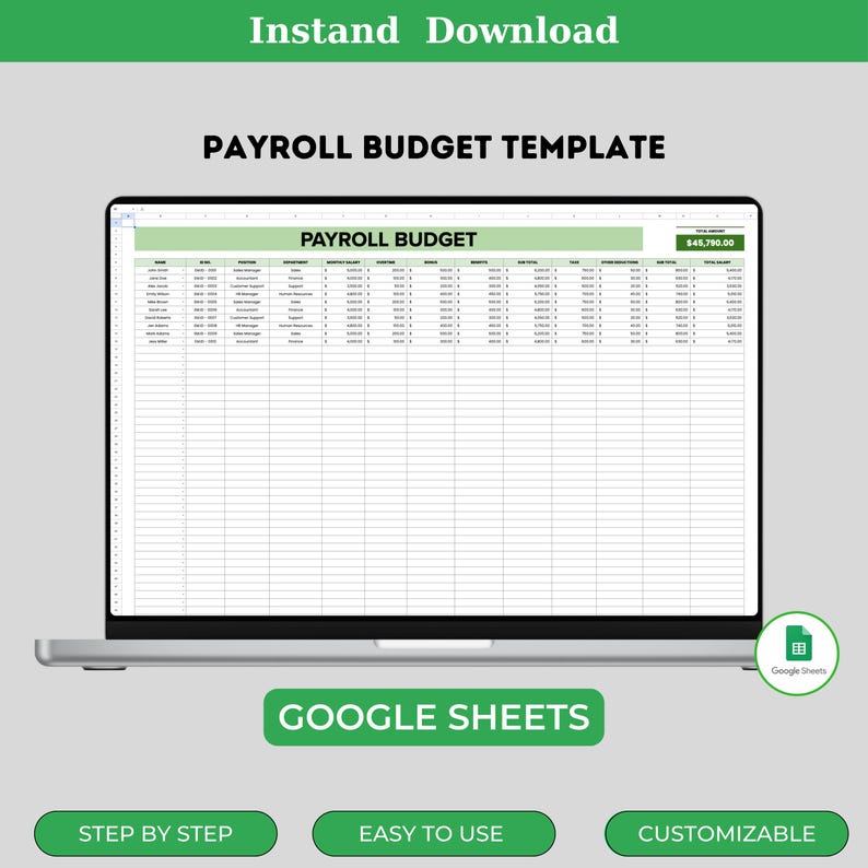 Payroll Budget Template, Digital Download, Editable Google Sheets, Easy ...