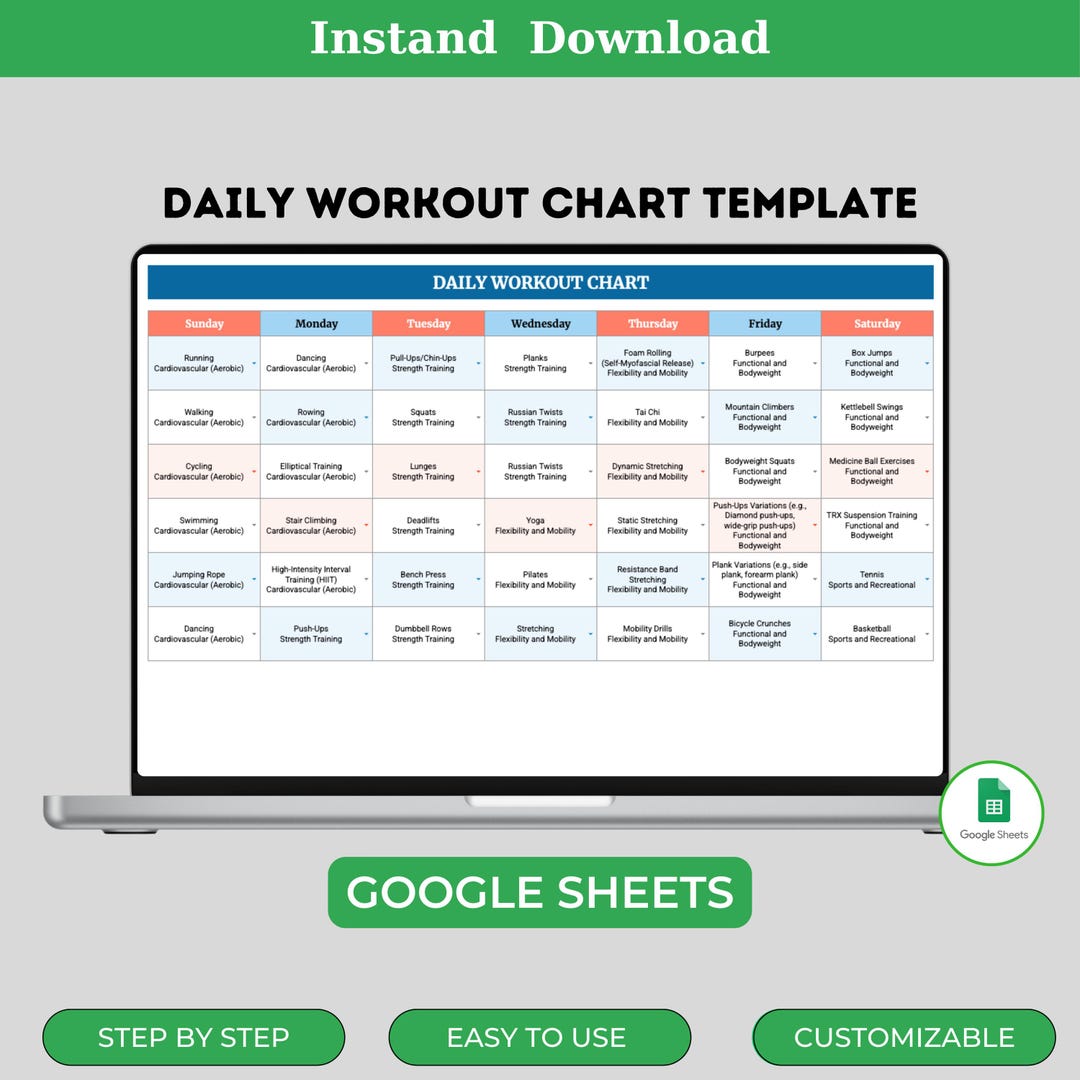 Daily Workout Chart Template, Google Sheets, Fitness Tracker, Digital ...
