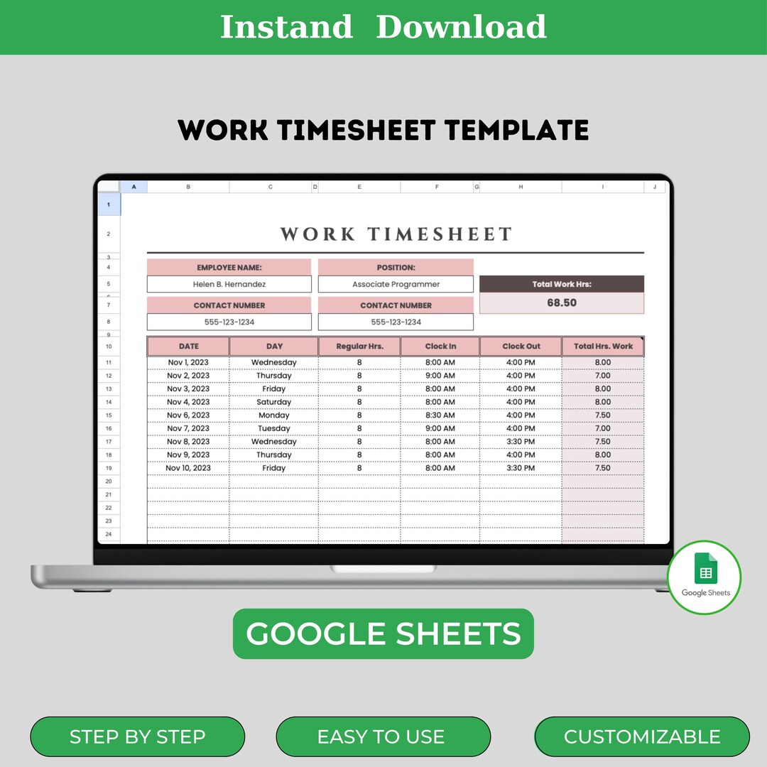 Work Timesheet Template, Digital Download, Editable Google Sheets, Easy ...
