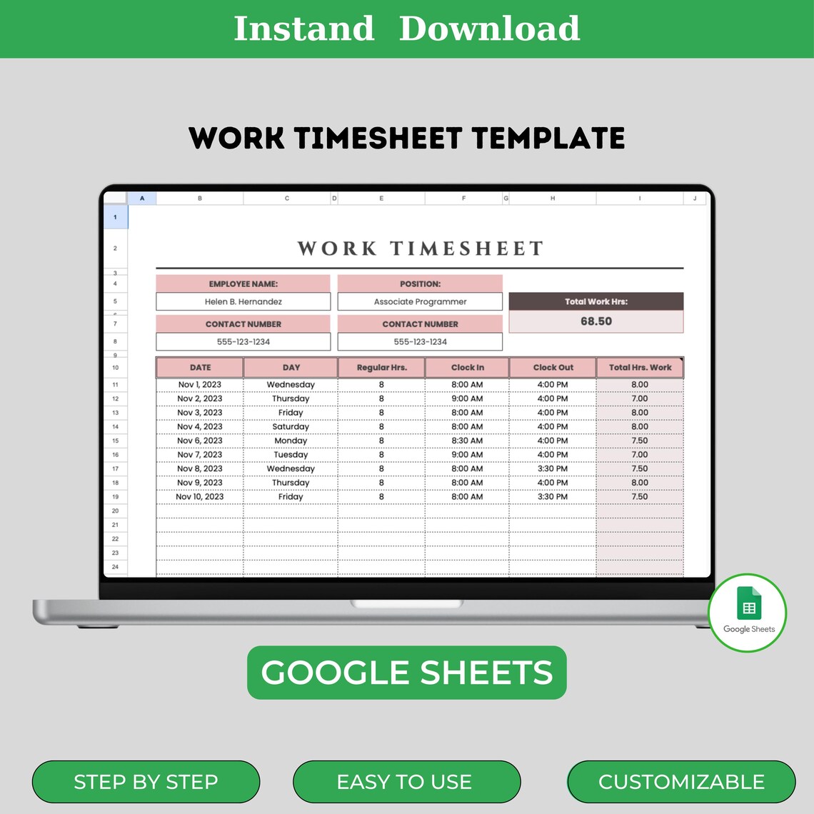 Work Timesheet Template, Digital Download, Editable Google Sheets, Easy ...