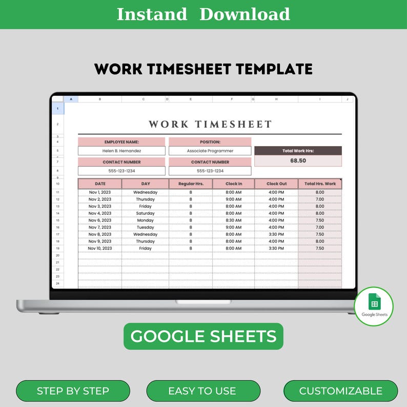 Work Timesheet Template, Digital Download, Editable Google Sheets, Easy ...