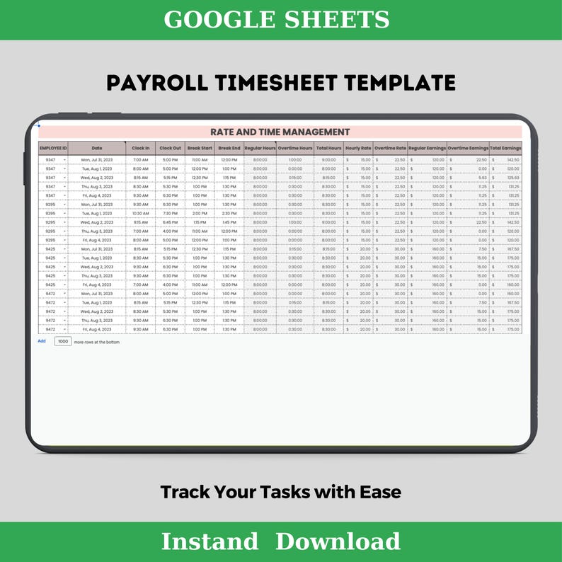 Payroll Timesheet Template, Digital Download, Editable Google Sheets, Easy to Use Employee ...