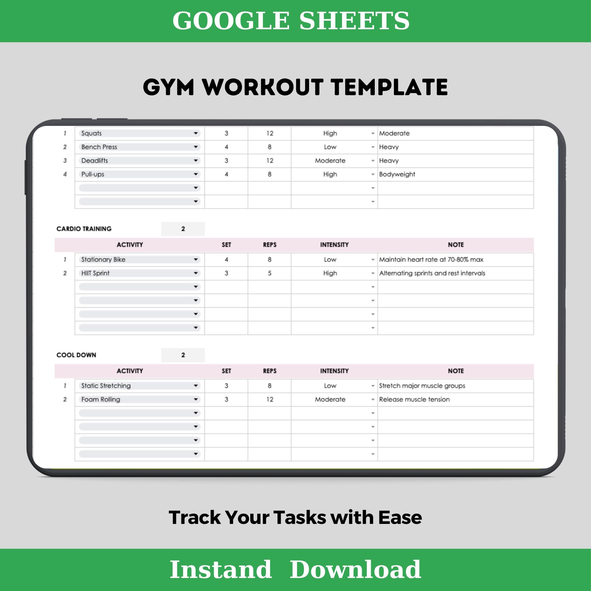 Gym Workout Template, Editable Google Sheets for Planning and Tracking ...