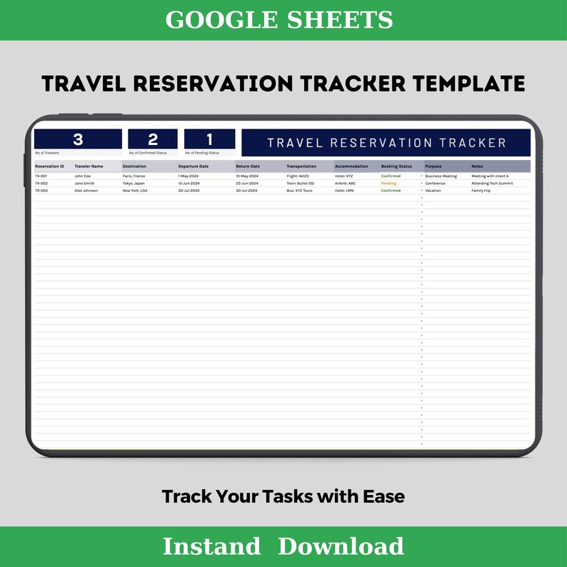 Travel Reservation Tracker Template, Editable Google Sheets for ...