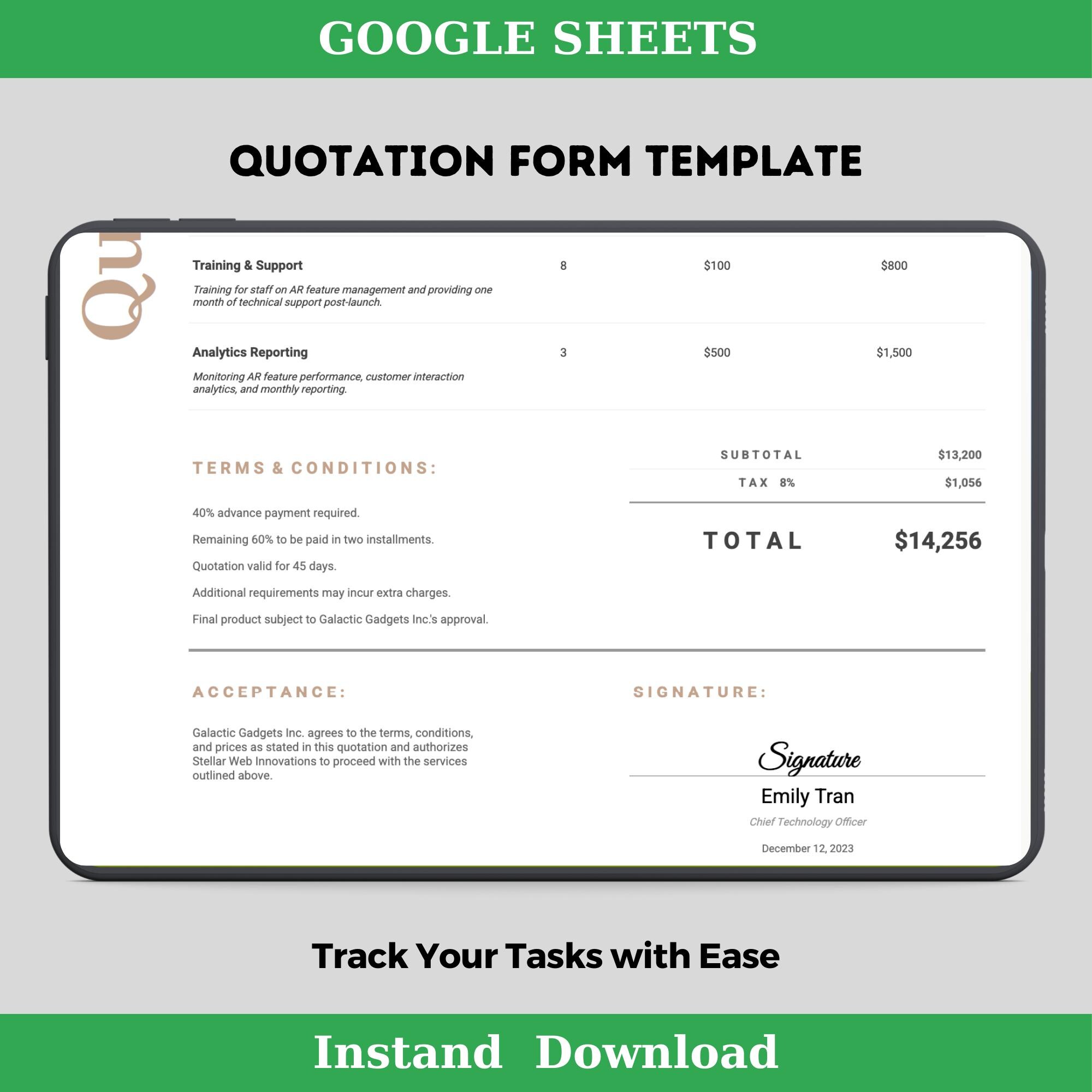 Quotation Form Template, Editable Google Sheets for Pricing and ...