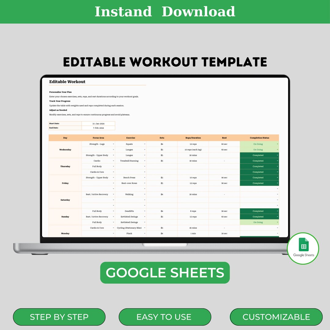Editable Workout Template, Google Sheets, Fitness Tracker, Digital Download, Editable Template ...