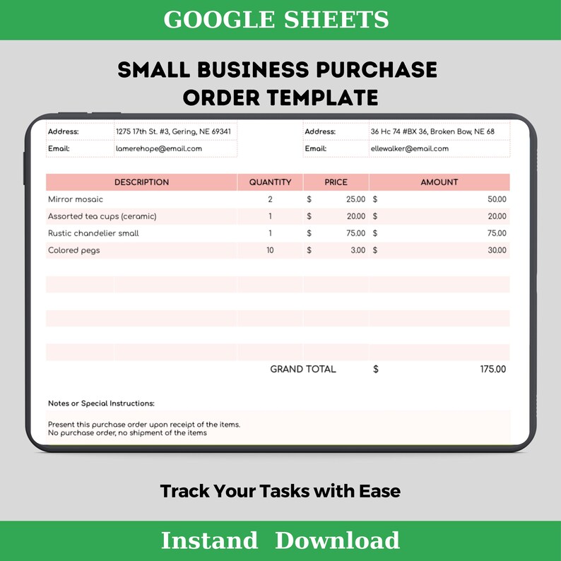 Small Business Purchase Order Template, PO Tracker, Vendor Order Form ...