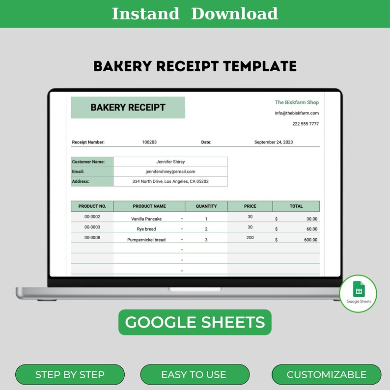 Bakery Receipt Template, Digital Download, Editable Google Sheets, Easy ...