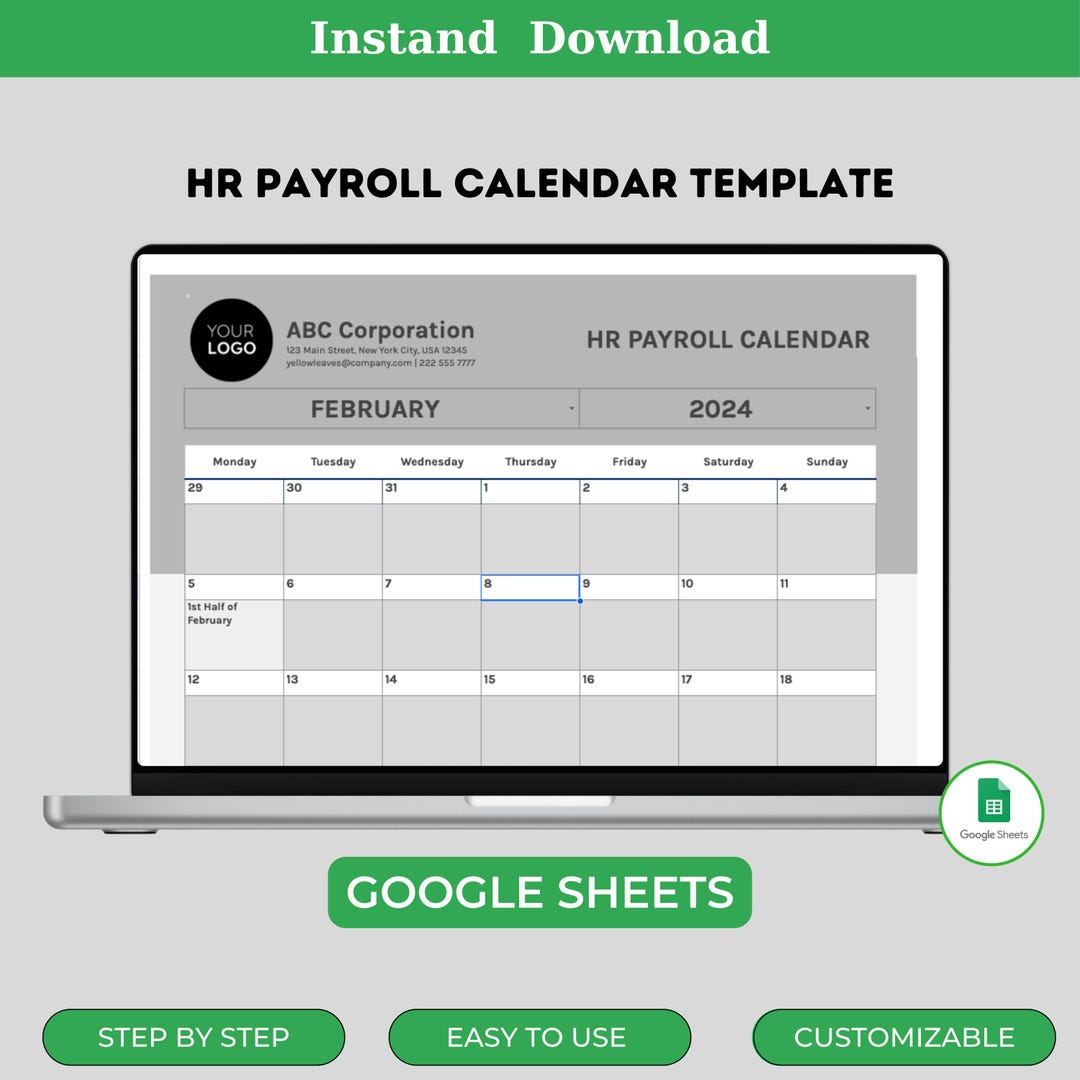 HR Payroll Calendar Template, Digital Download, Editable Google Sheets ...