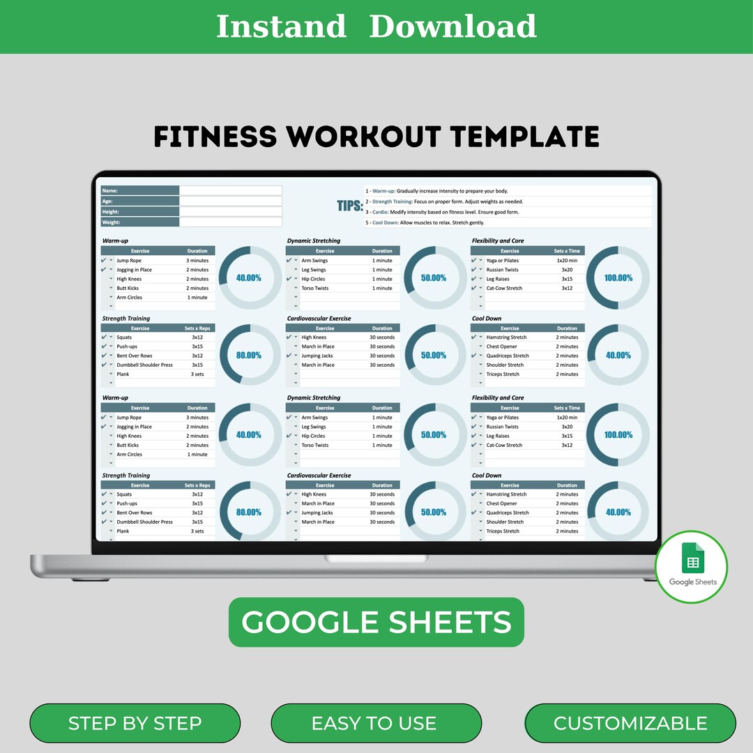 Fitness Workout Template, Editable Google Sheets, Digital Download ...