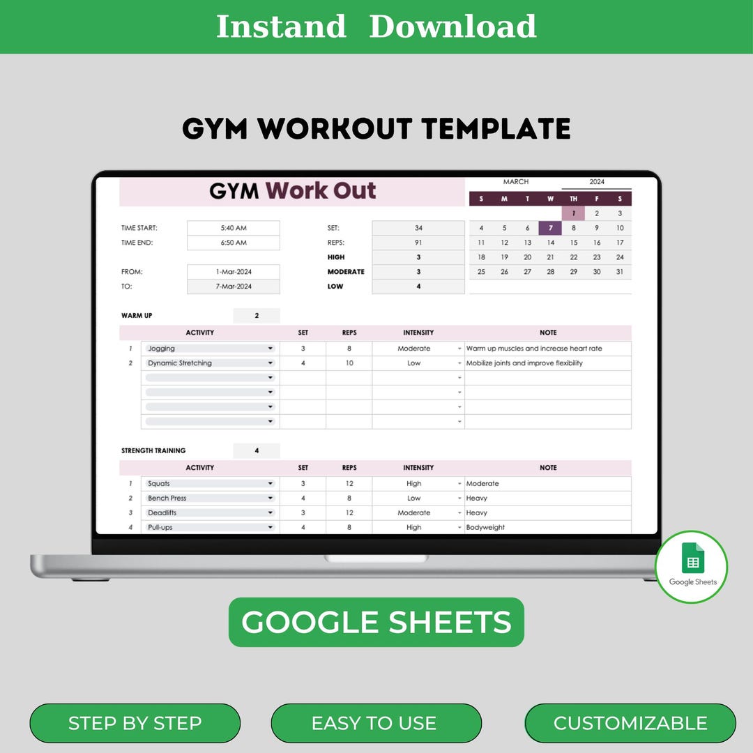 Gym Workout Template, Editable Google Sheets for Planning and Tracking ...
