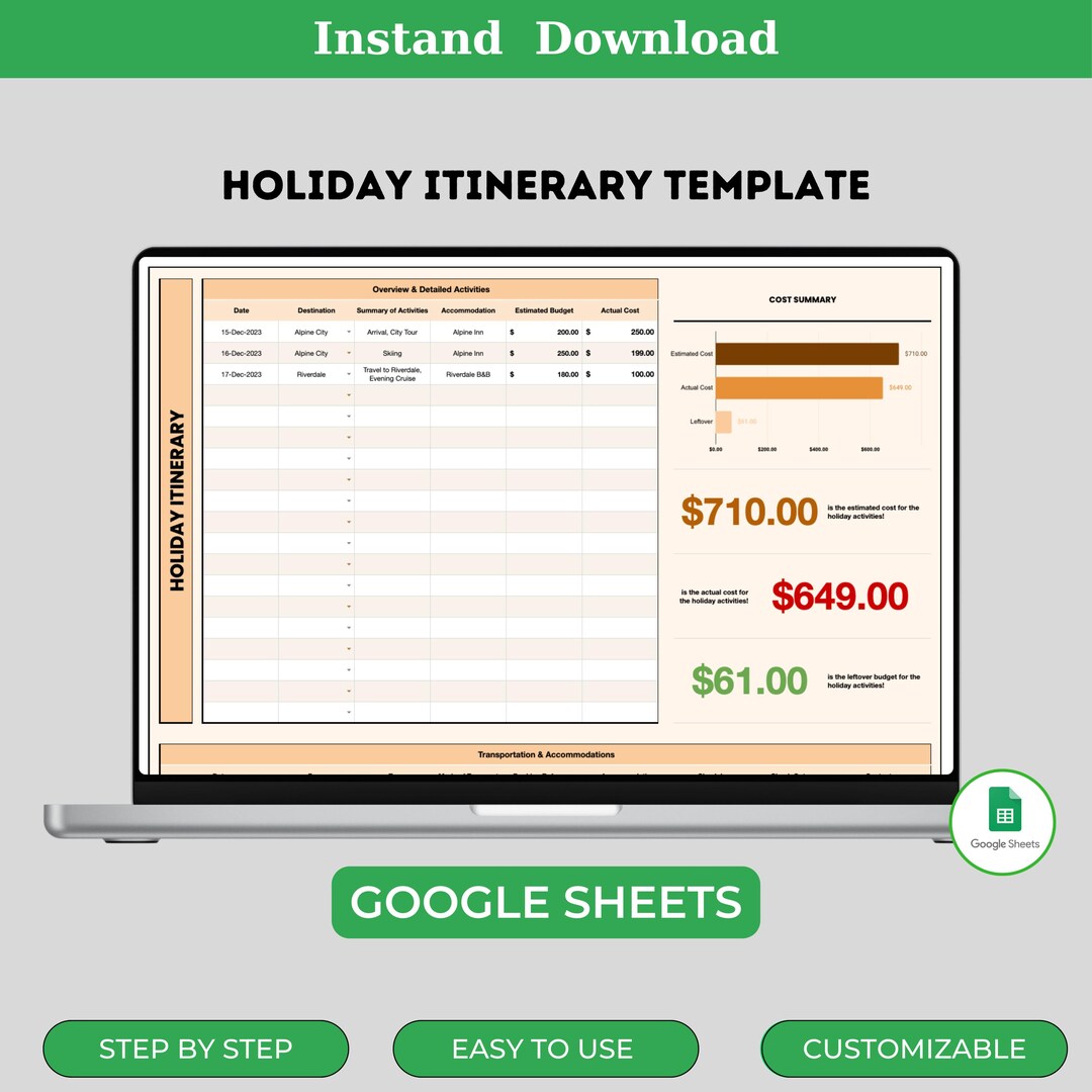 Holiday Itinerary Template, Digital Download, Editable Google Sheets ...