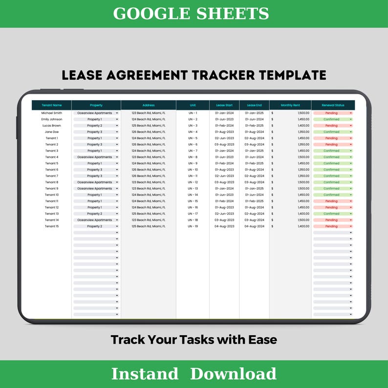Lease Agreement Tracker Template, Rental Contract Management, Tenant ...