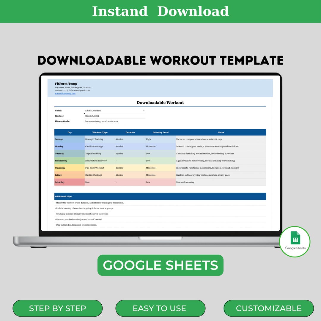 Downloadable Workout Template, Editable Google Sheets, Fitness Tracker ...