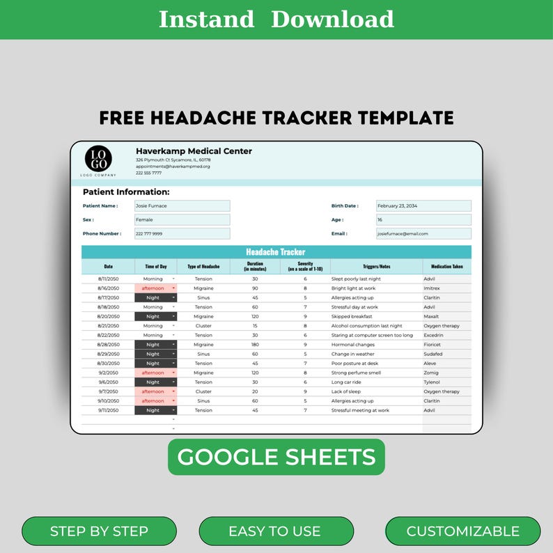 Free Headache Tracker Template, Migraine Log Sheet, Pain Management ...