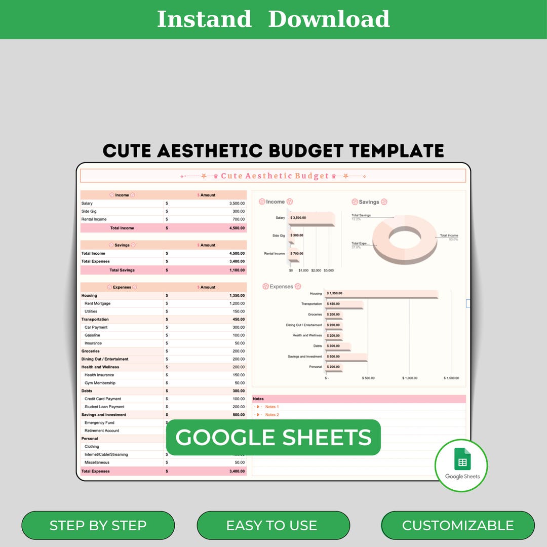Cute Aesthetic Budget Template Google Sheets Editable Digital Download ...