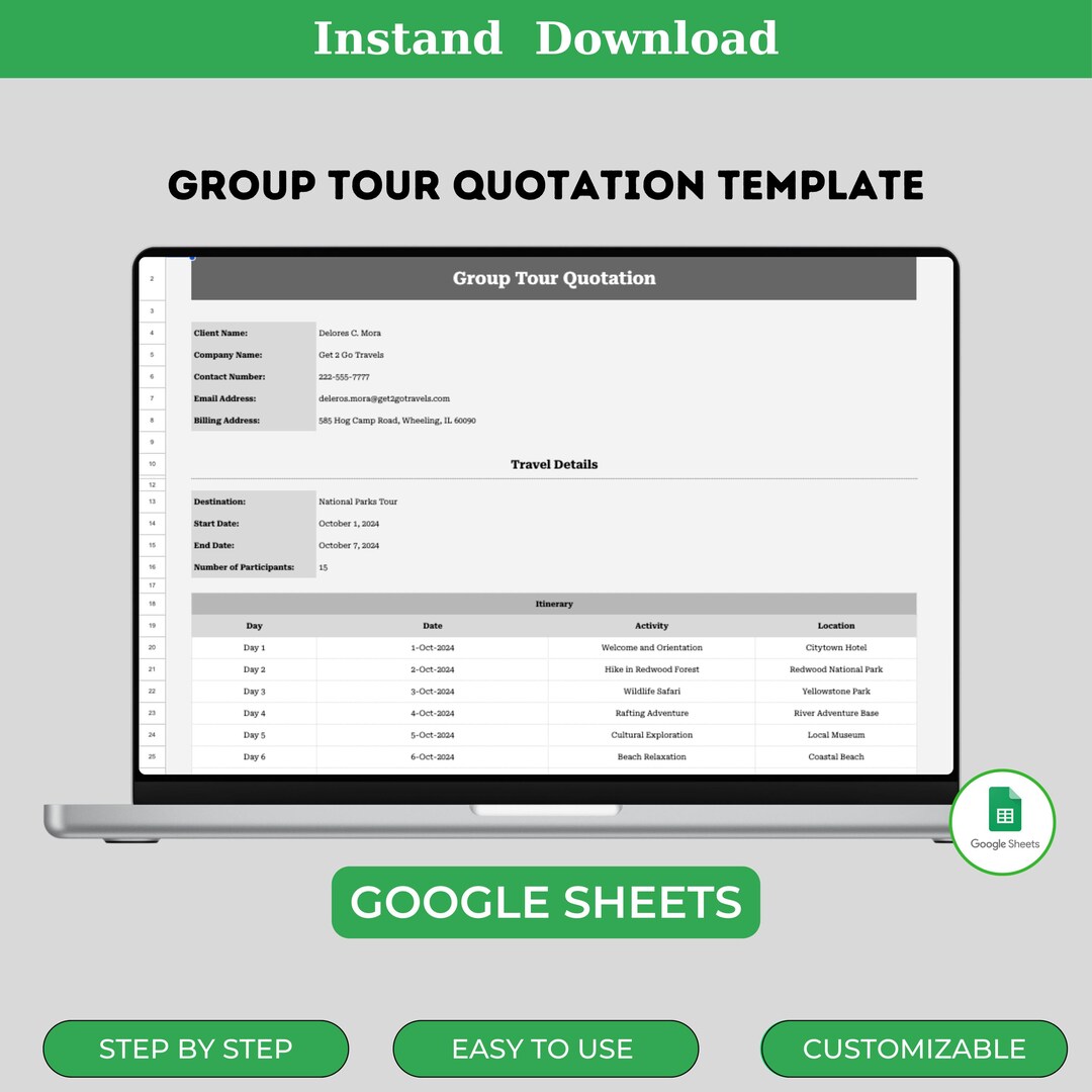 Group Tour Quotation Template, Digital Download, Editable Google Sheets ...