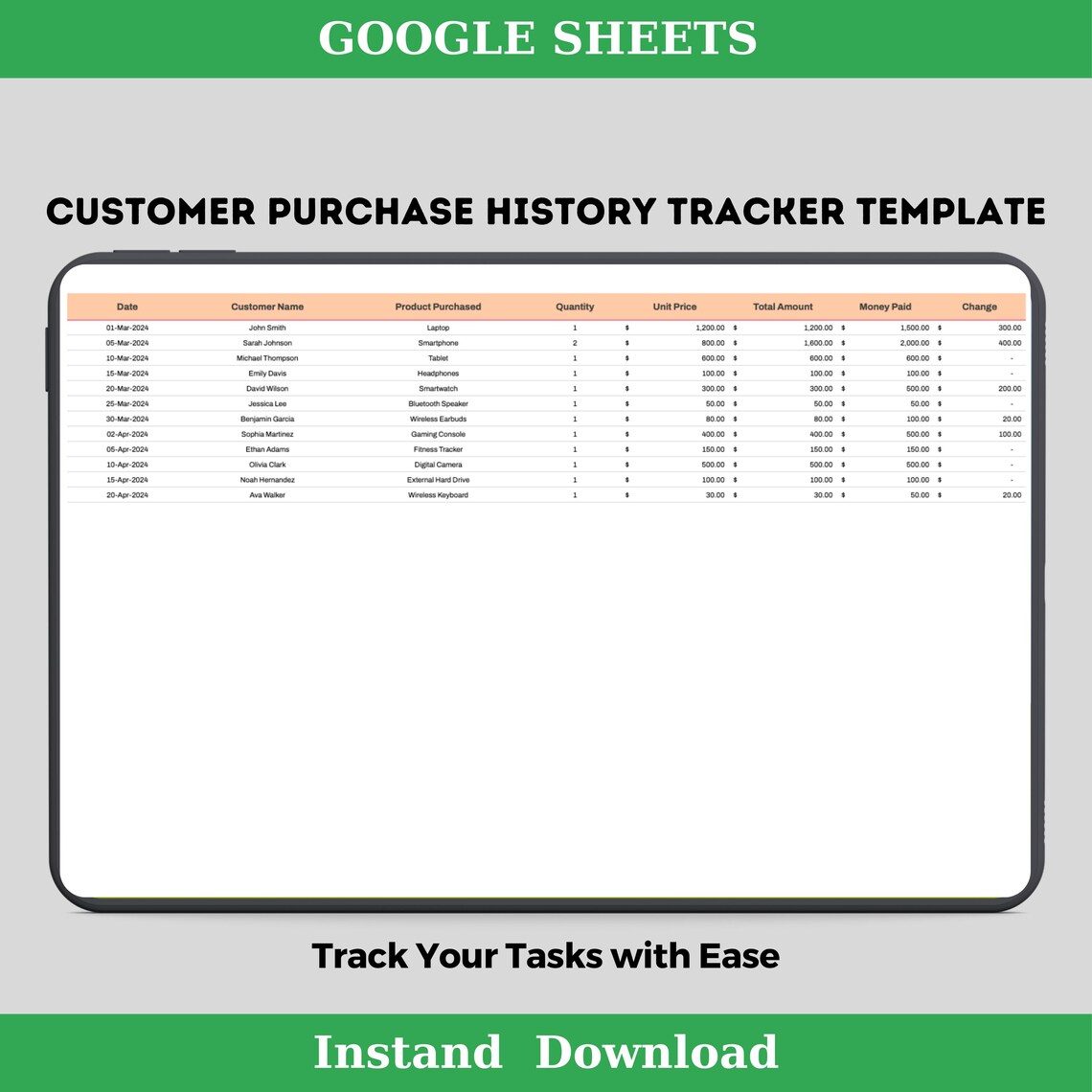 Customer Purchase History Tracker, Sales Record Spreadsheet, Order ...