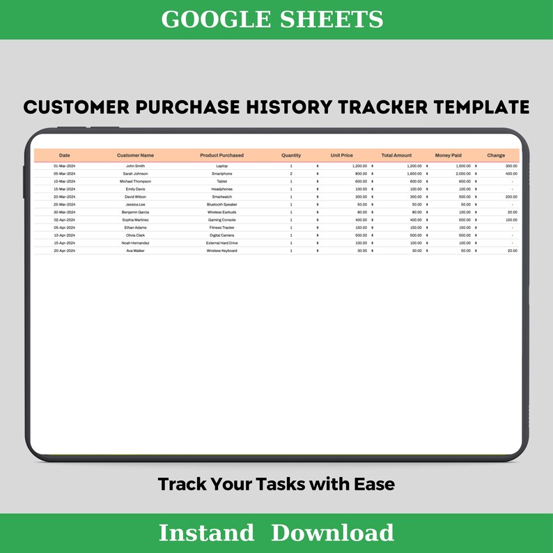 Customer Purchase History Tracker, Sales Record Spreadsheet, Order ...