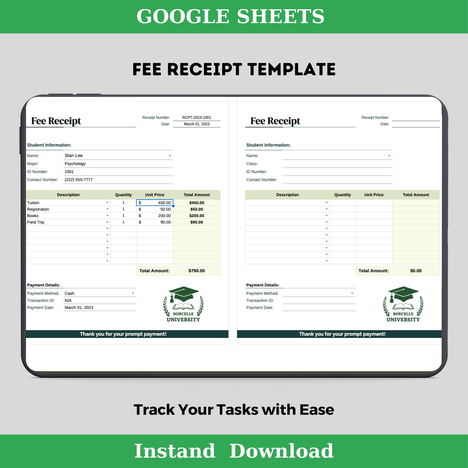 Fee Receipt Template, Digital Download, Editable Google Sheets, Easy-to ...