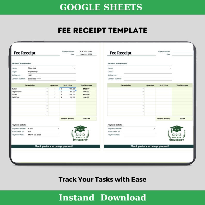 Fee Receipt Template, Digital Download, Editable Google Sheets, Easy-to ...