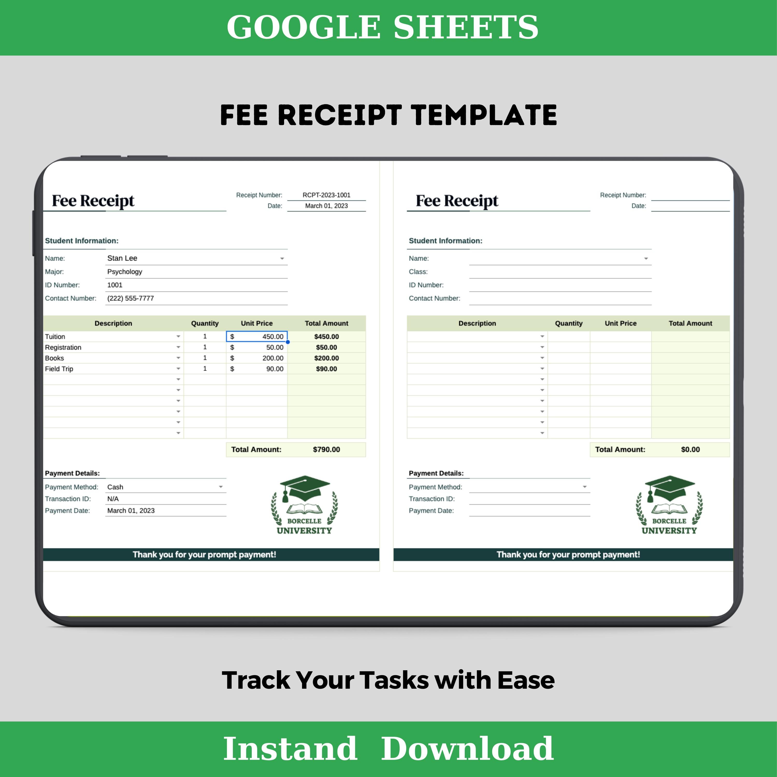 Fee Receipt Template, Digital Download, Editable Google Sheets, Easy-to ...