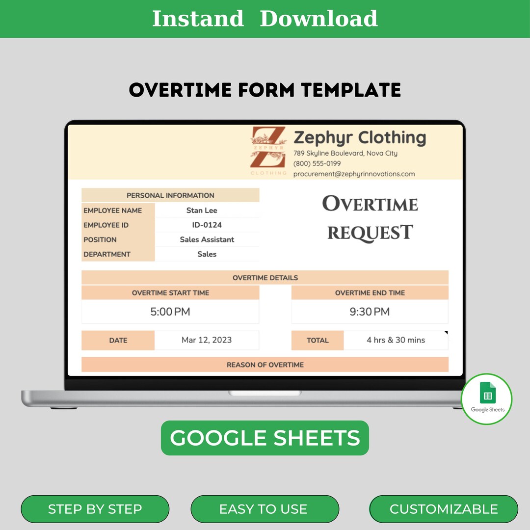 Overtime Form Template, Digital Download, Editable Google Sheets, Easy ...