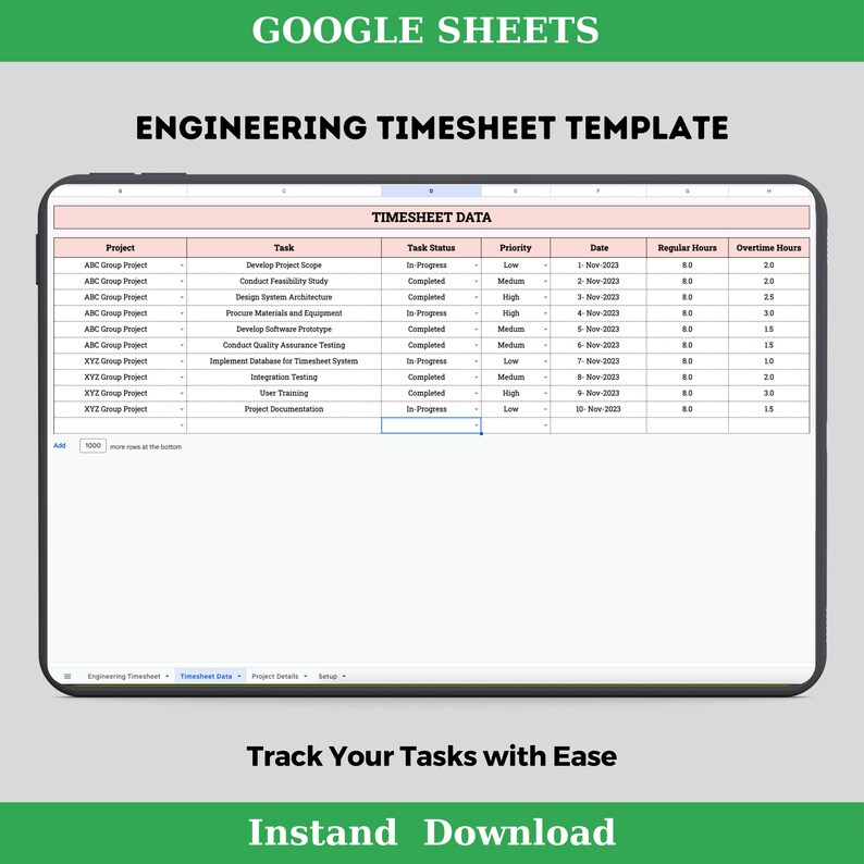Engineering Timesheet Template, Digital Download, Editable Google ...