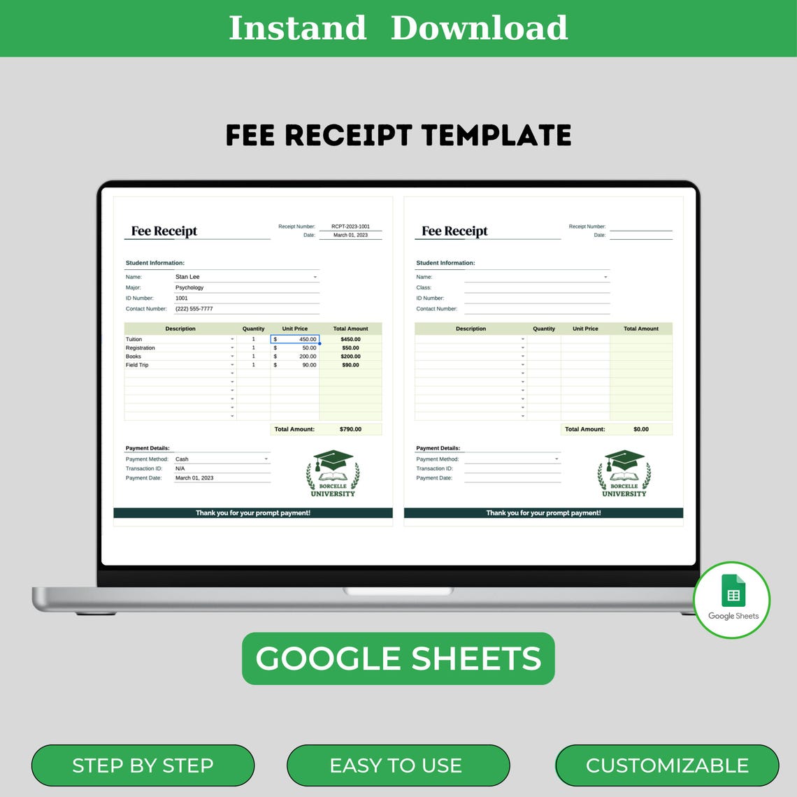 Fee Receipt Template, Digital Download, Editable Google Sheets, Easy-to ...