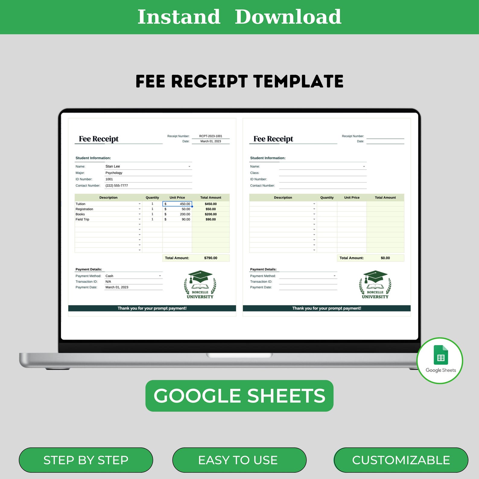 Fee Receipt Template, Digital Download, Editable Google Sheets, Easy-to ...
