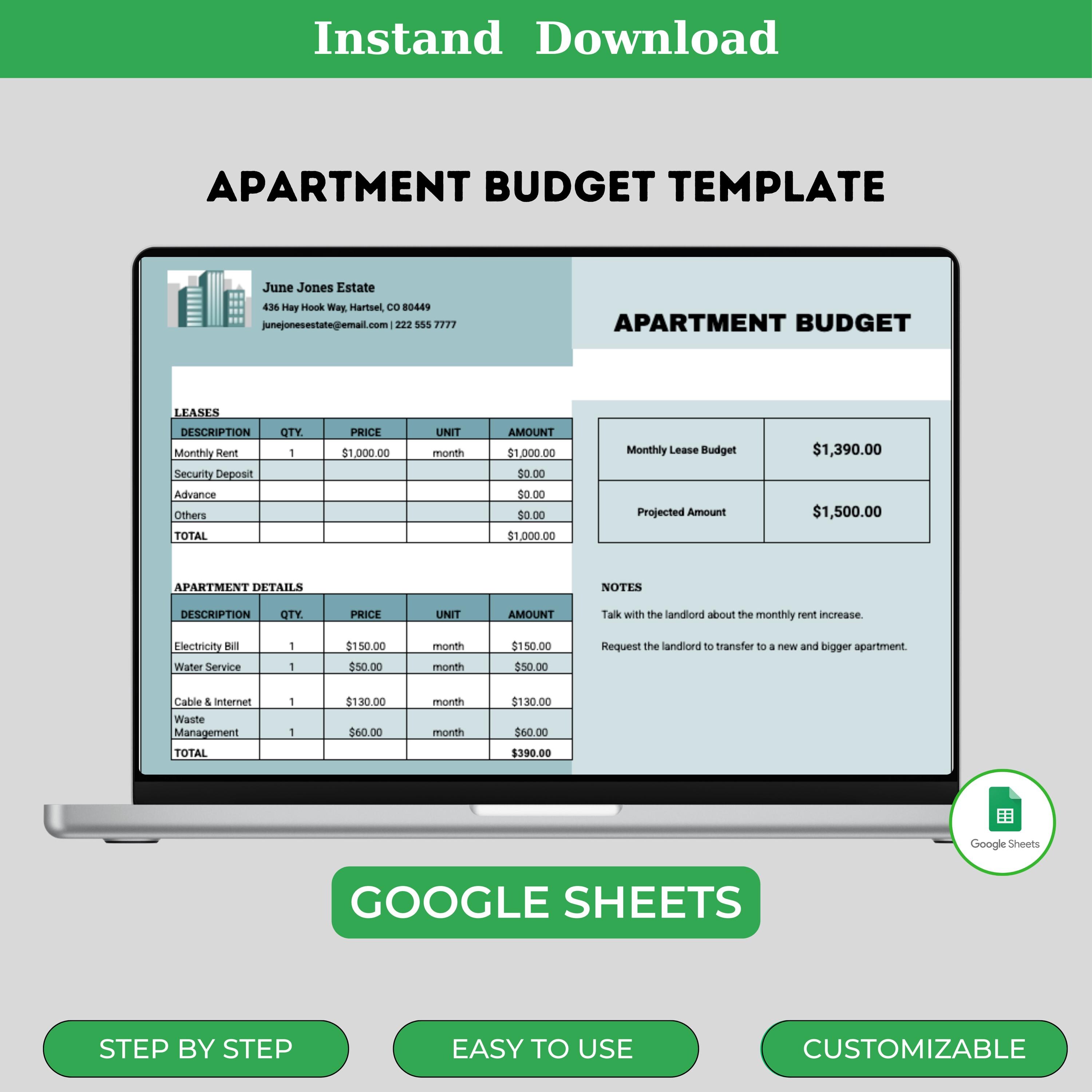 Apartment Budget Template, Monthly Expense Tracker, Rental Finance ...