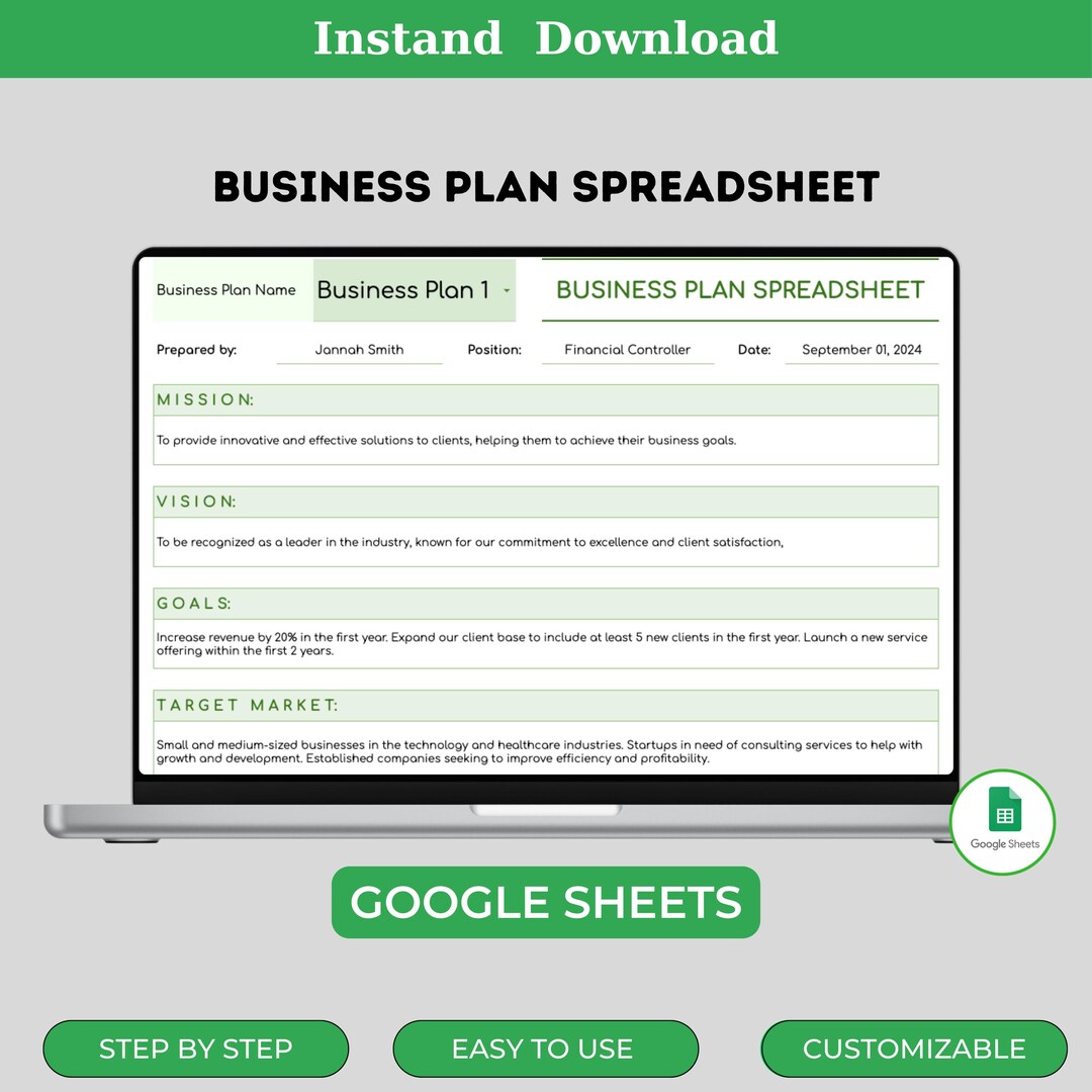 Business Plan Spreadsheet, Google Sheets Template, Financial Planning, Digital Download ...